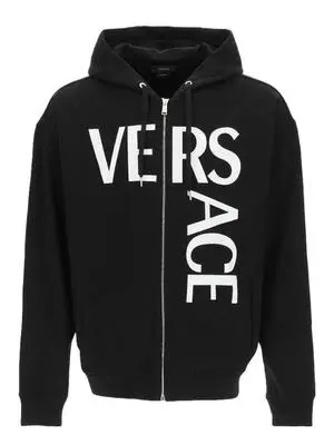 Versace Logo Printed Zip-up Hoodie - Black