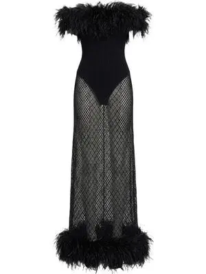 Gucci Feather-trimmed Long Dress - Black