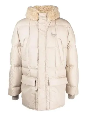 Prada Hooded Down Coat With Fur Trim - Sand-colored