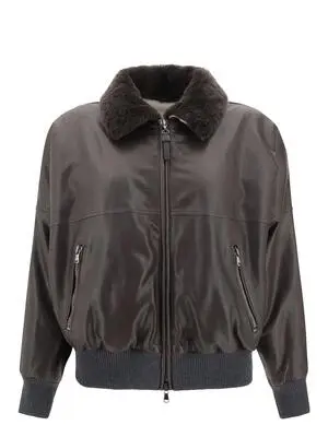 Brunello Cucinelli Brunello Cucinelli Shearling Collar Zip-Up Jacket Black