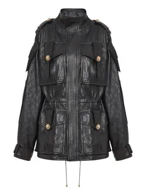 Balmain Lambskin Leather Parka With Topstitched Diamond Pattern - Black
