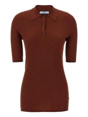 Prada Ribbed Knit Polo Sweater With 3/4 Sleeves - Brown