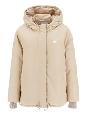 Miu Miu Drawstring Hooded Down Jacket - Beige
