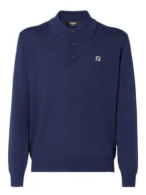 Fendi Ff Plaque Long Sleeved Polo Shirt - Blue