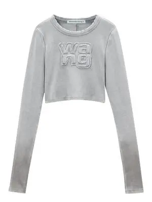 Alexander Wang Cropped Long Sleeve Top With Fluffy Logo - Light Gray