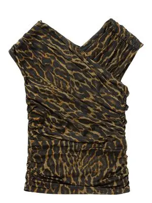 GANNI Printed Shiny Pleated V-neck Top - Black