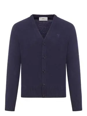 Ami Logo Embroidered V-neck Cardigan - Navy Blue