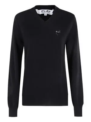 Play Comme Des Garcon Long-sleeved V-neck Sweater With Heart Logo - Black