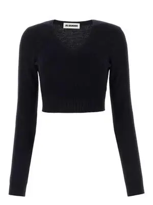JIL SANDER V-neck Knitted Crop Top - Black