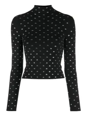 Alexander Wang Logo Rhinestone Long Sleeve Top - Black