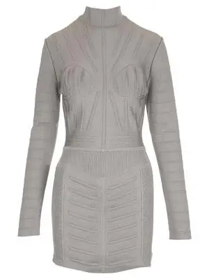 Balmain High-neck Zip-up Knitted Dress - Gray