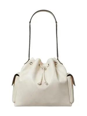 Tory Burch Tory Burch Large Charlie Quilted Drawstring Shoulder Bag Light Cream