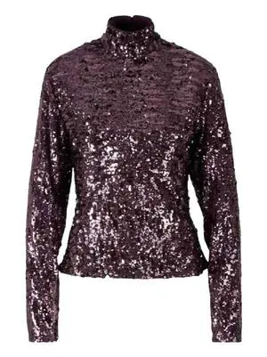 Rabanne High Neck Sequined Long Sleeve Top - Beetroot Purple