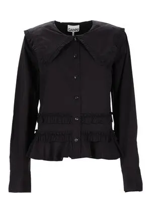 GANNI Long-sleeved Ruffled Shirt - Black