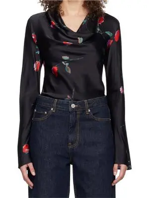 GANNI Floral Print Satin Top - Black