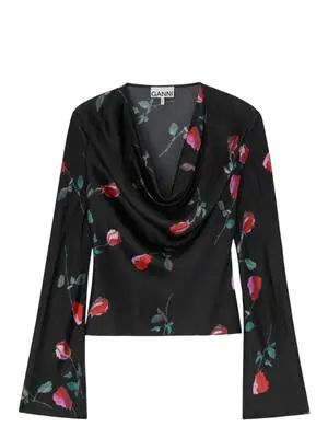GANNI Floral Print Satin Top - Black