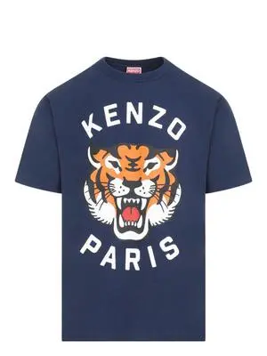 Kenzo Lucky Tiger Logo Printed Crewneck T-shirt - Blue