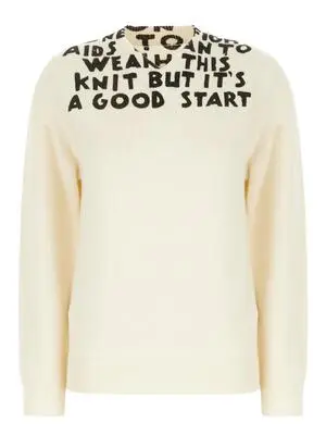 MAISON MARGIELA Lettering-print V-neck Wool Sweater - Off-white