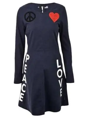 Moschino Long Sleeve Dress With Logo And Heart Appliqu - Black