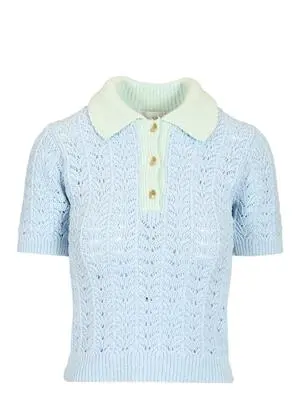 FORTE_FORTE Open Knit Polo Sweater With Button Closure - Light Blue