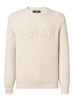 Fendi Fisherman's Rib Knit Crewneck Jumper With Embroidered Lettering - White