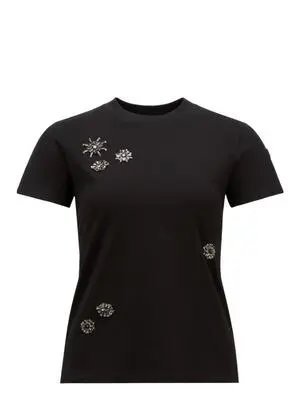 Moncler Crystal Flower Embellished Cotton T-shirt - Black