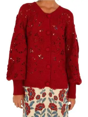 Farm Rio Crochet Floral Cardigan - Red