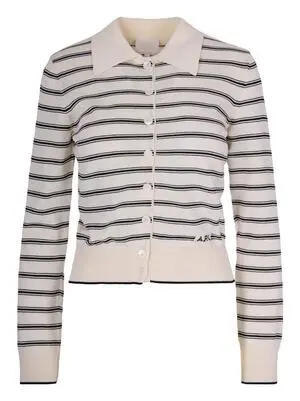 A.p.c. Striped Buttoned Cardigan With Turn-down Collar - Ecru/black