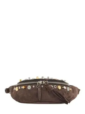 Valentino Garavani Valentino Brown Suede Embellished Zip-Up Belt Bag Brown