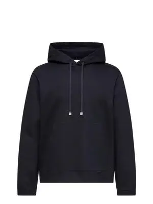 Moncler Leather Logo Cotton Blend Hoodie - Dark Blue