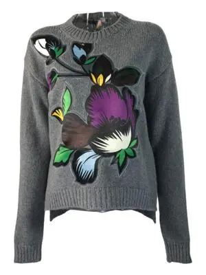 Sportmax Long-sleeved Knit Sweater With Floral Applique - Black