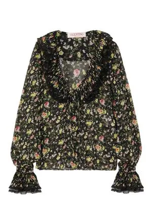 VALENTINO Valentino Ruffled Floral Print Silk Shirt