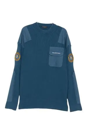 Balenciaga Knitted Jumper With Cuff Badge - Blue