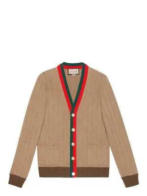 GUCCI Gucci Web Stripe V-Neck Ribbed Knit Cardigan