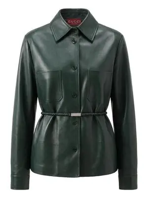 Gucci Shiny Leather Jacket With Pointed Collar - Green