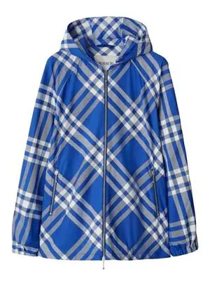 Burberry Checked Hooded Zip-up Jacket - Blue