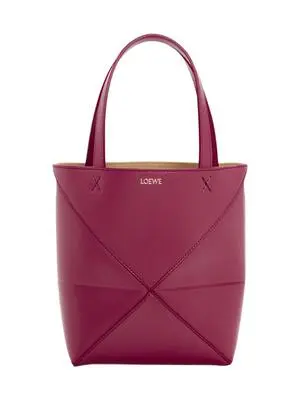 Loewe Mini Puzzle Fold Tote In Shiny Calfskin - Deep Red