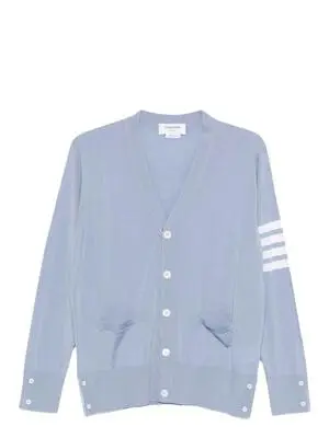 Thom Browne V-neck Fine-knit Cardigan With Striped Details - Blue