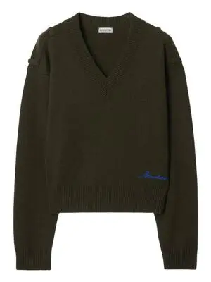 Burberry Cashmere V-neck Sweater With Embroidered Detail - Black