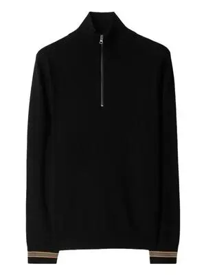 Burberry Half-zip Wool Sweater With Striped Cuffs - Black