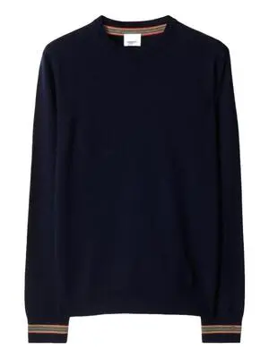 Burberry Wool Sweater With Striped Cuffs - Navy Blue