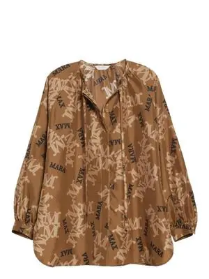 Max Mara Logo Printed Long Sleeve Blouse - Brown