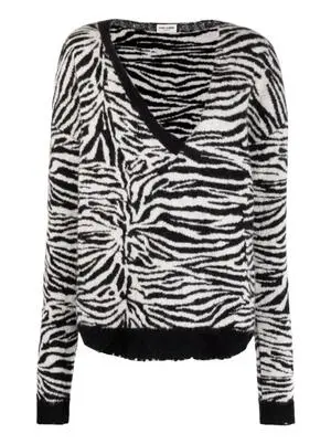 Saint Laurent Zebra Print V-neck Sweater - Black