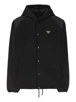 Prada Logo Plaque Drawstring Hooded Jacket - Black