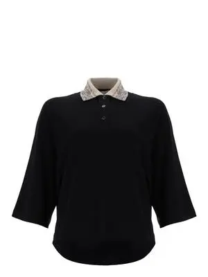 Brunello Cucinelli Embellished Collar Polo Top With Half Sleeves - Black