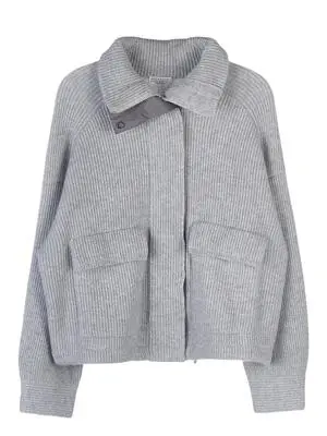Brunello Cucinelli Ribbed Knit Lapel Cardigan With Pockets - Gray