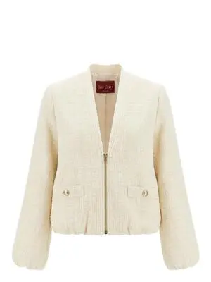 Gucci Check Tweed Jacket With Interlocking G Button - Ivory