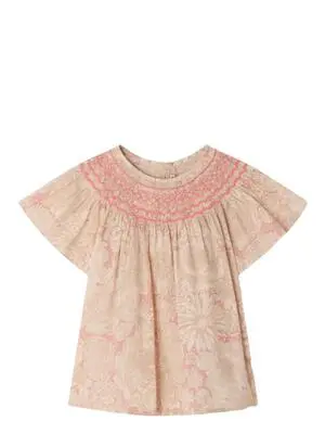 Bonpoint Round Neck Short Sleeve Smocked Top - Nude