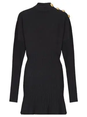 Balmain Knit Flared Dress With Lion Head Buttons - Black