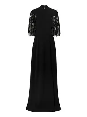 LANVIN Knitted Turtleneck Gown With Fringe And Studded Embellishments - Black
